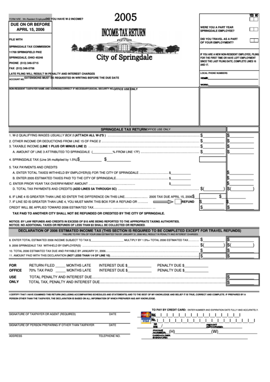 Form Nre - Non-Resident Employee Income Tax Return - 2005 printable pdf ...