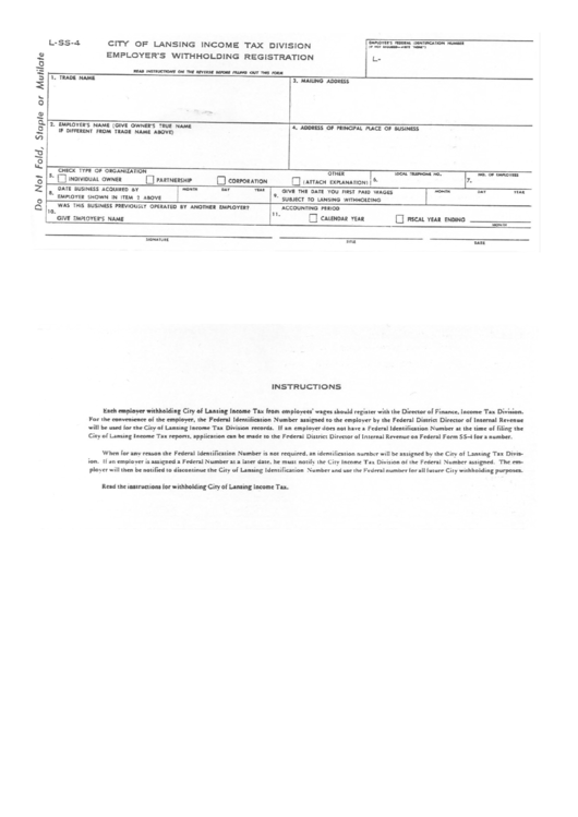 Form L-Ss-4 - Employer'S Withholding Registration - City Of Lansing ...