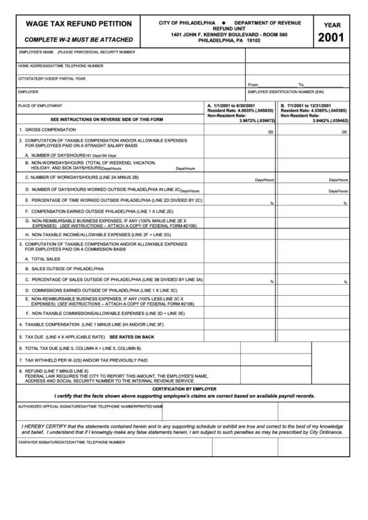 Wage Tax Refund Petition - 2001 printable pdf download