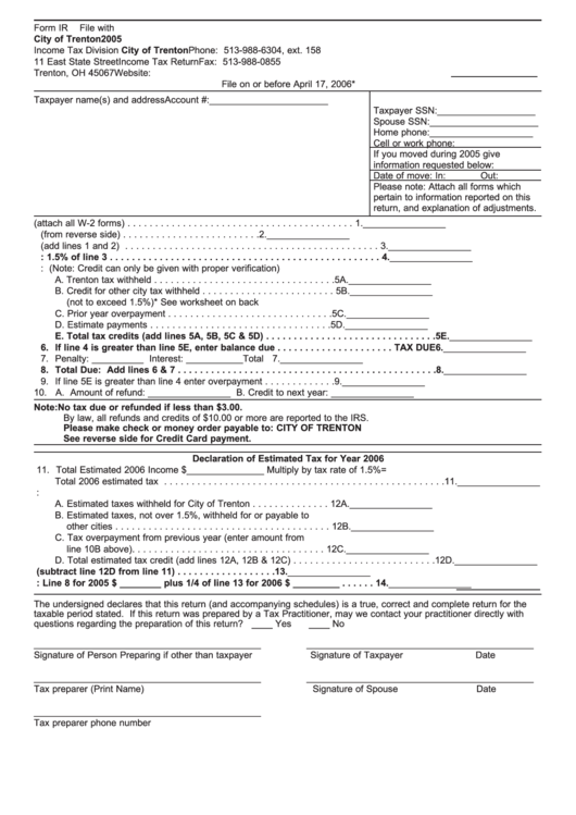 Form Ir - Income Tax Return - City Of Trenton - 2005 printable pdf download