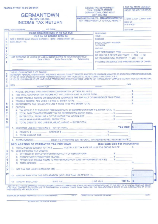 Fillable Individual Income Tax Return Form - City Of Germantown ...