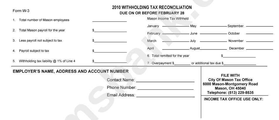 Form W-3 - Withholding Tax Reconciliation 2010 printable pdf download