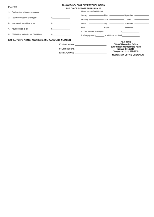 Form W-3 - Withholding Tax Reconciliation 2010 printable pdf download