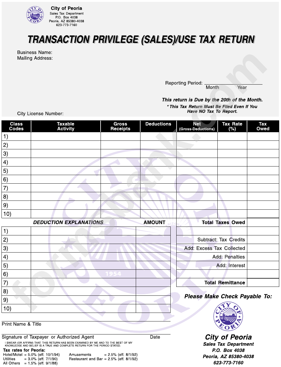 Transaction Privilege Sales use Tax Return Form Printable Pdf Download