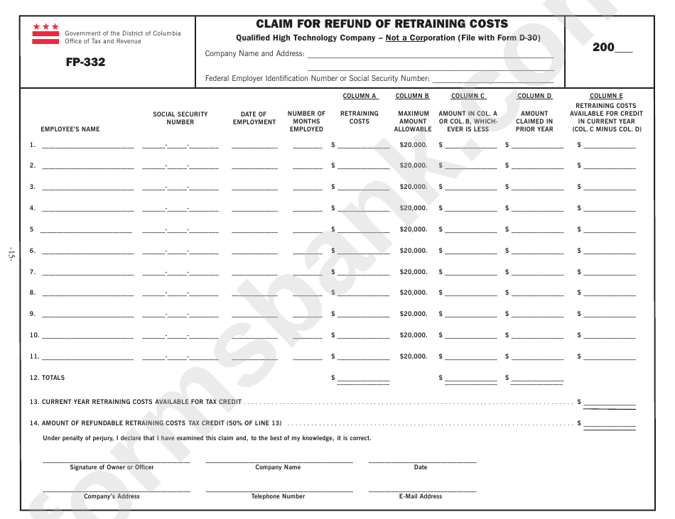 Form Fp-332 - Claim For Refund Of Retraining Costs printable pdf download