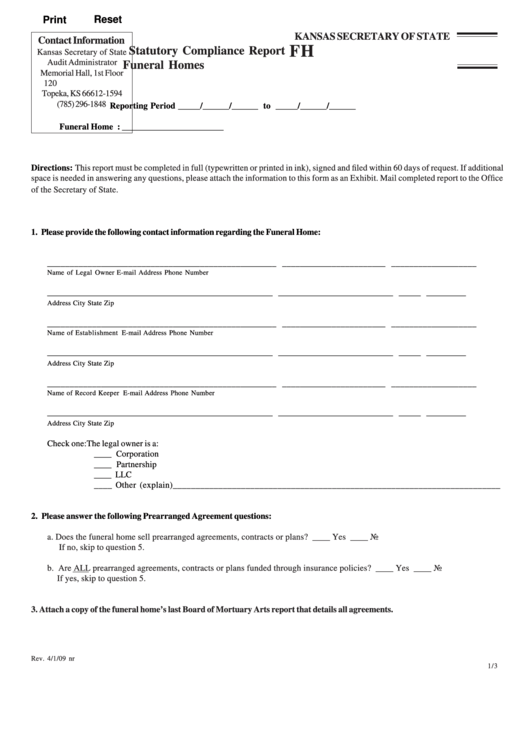 Fillable Statutory Compliance Report Form - Funeral Homes printable pdf ...