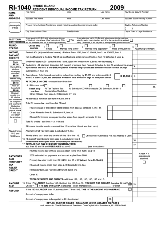Form Ri-1040 - Resident Individual Income Tax Return - 2009 printable ...
