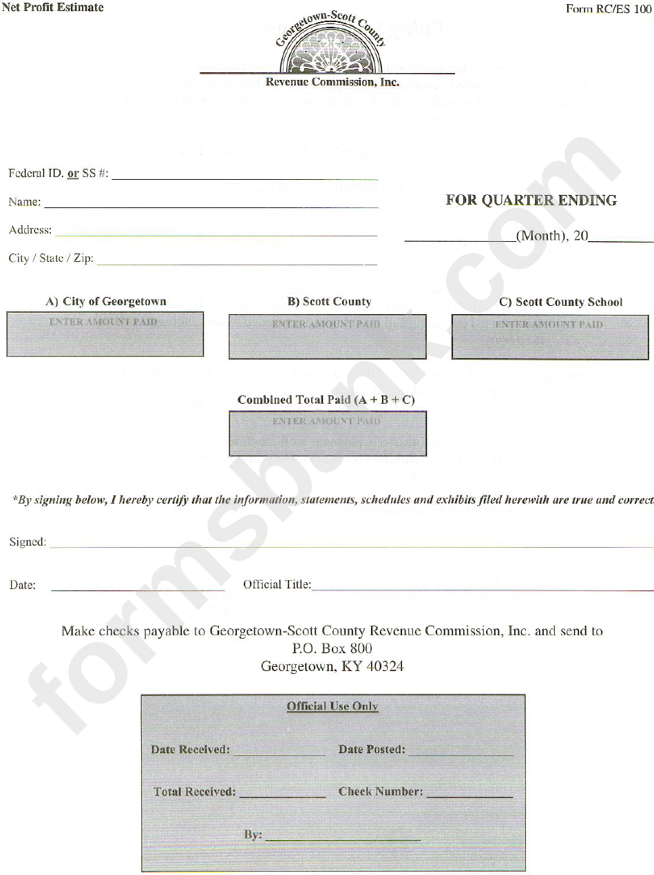 Form Rc/es 100 - Net Profit Estimate printable pdf download