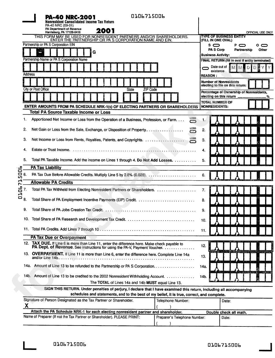 Form Pa-40 Nrc-2001 -Nonresident Consolidated Income Tax Return printable pdf download