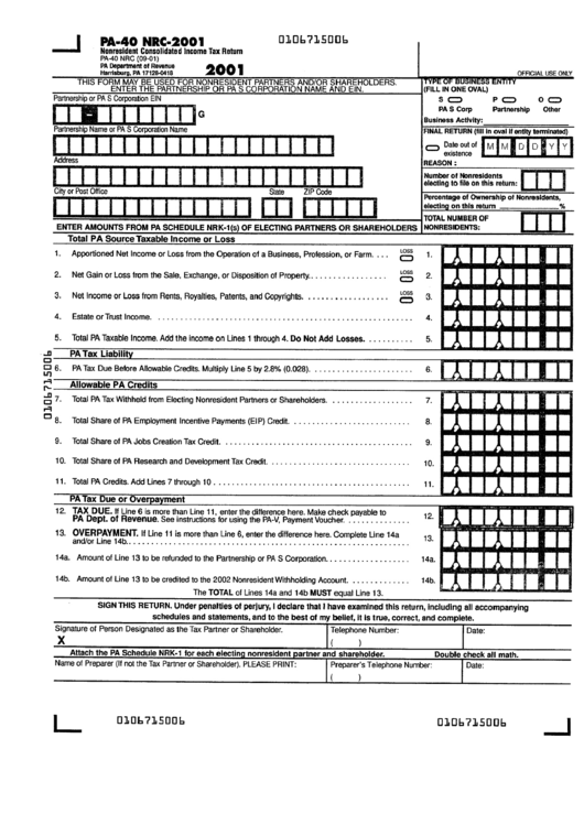 Form Pa-40 Nrc-2001 -Nonresident Consolidated Income Tax Return ...