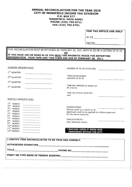 Annual Reconciliation For The Year 2010 printable pdf download