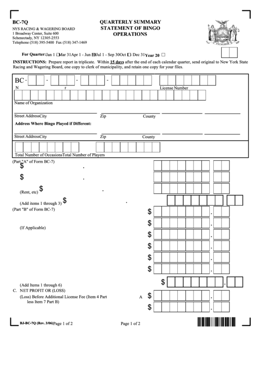 Form Bc-7q - Statement Of Bingo Operations printable pdf download