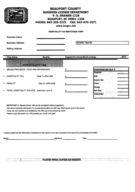 Hospetality Tax Remittance Form printable pdf download