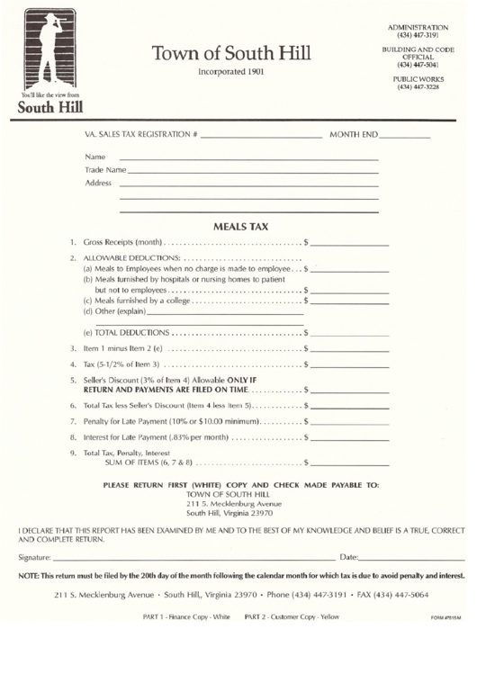 Meals Tax Form - Town Of South Hill printable pdf download