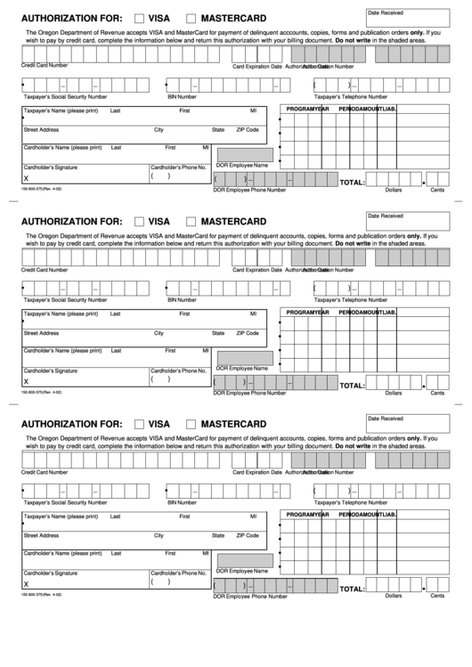 Form 150-800-375 - Authorization For Visa/mastercard 2002 printable pdf ...