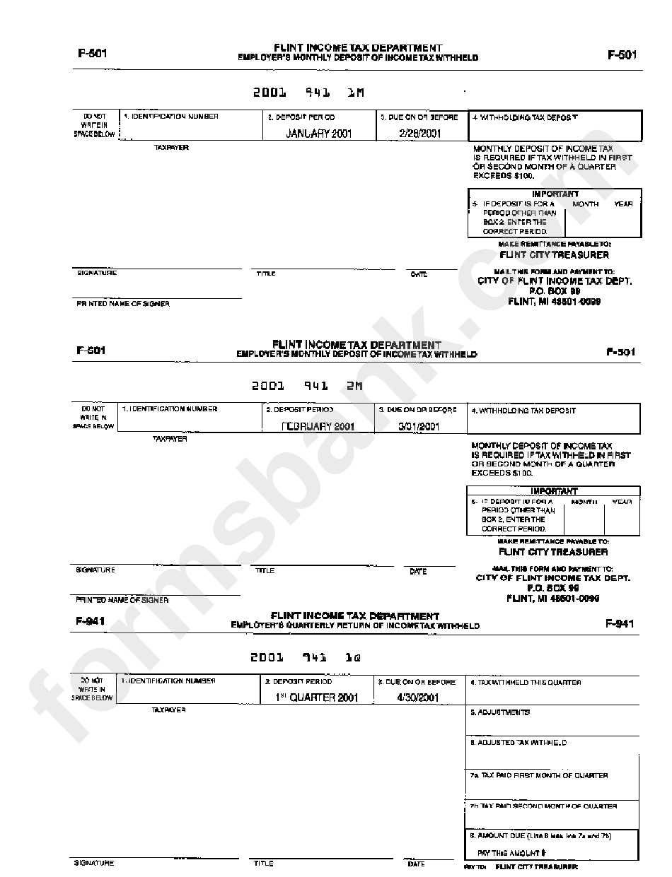 Form F-501 - Employer'S Monthly Deposit Of Income Tax Withheld - City ...