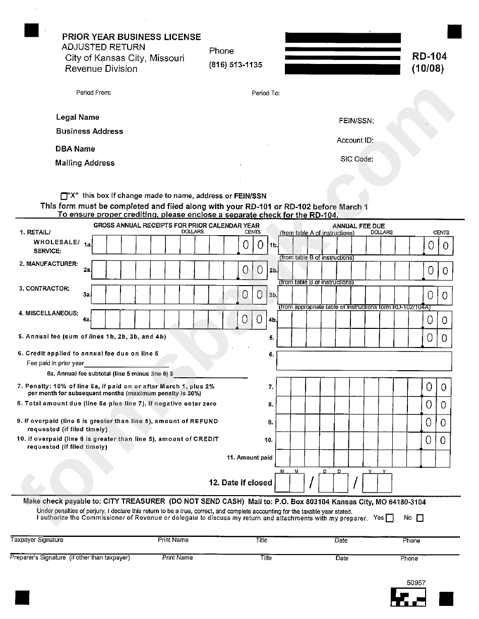 Fillable Form Rd-104 - Prior Year Business License Adjusted Return 2008 ...