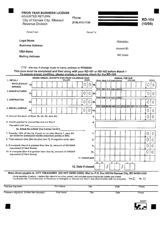Fillable Form Rd-104 - Prior Year Business License Adjusted Return 2008 ...