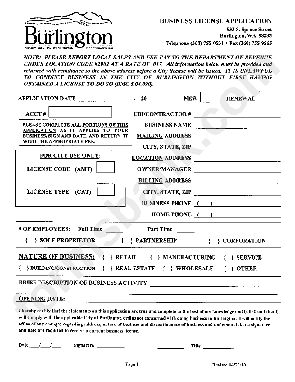 Business License Application - City Of Burlington printable pdf download