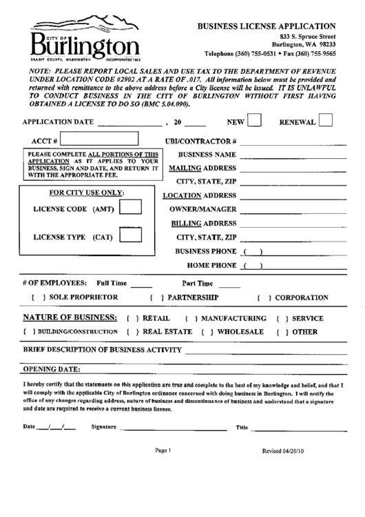 Business License Application - City Of Burlington printable pdf download