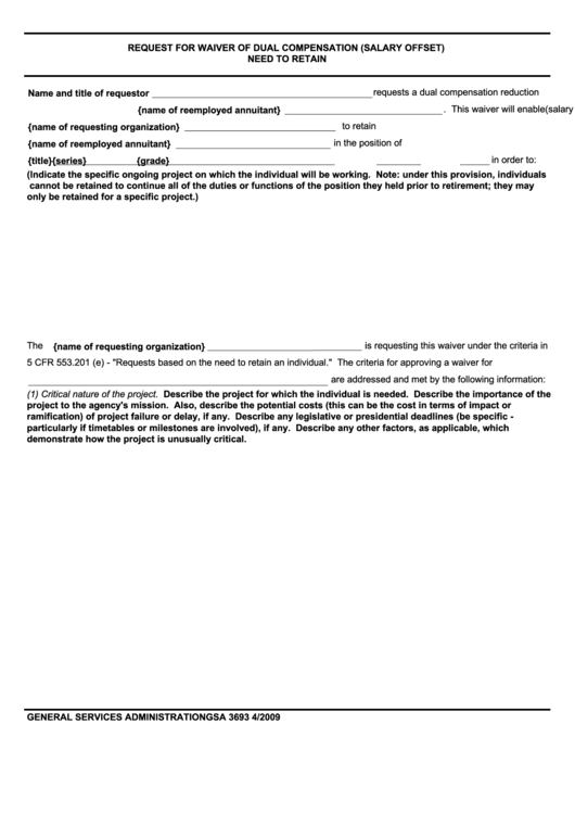 Fillable Form Gsa 3693 - Request For Waiver Of Dual Compensation ...