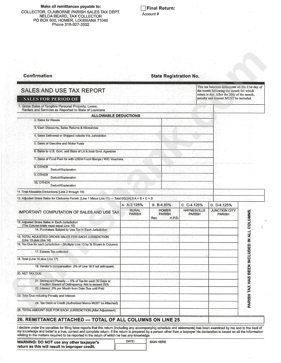 Fillable Sales And Use Tax Report Form printable pdf download
