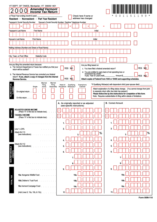 Form Ooin - 115 - Amended Vermont Income Tax Return - 2000 printable ...