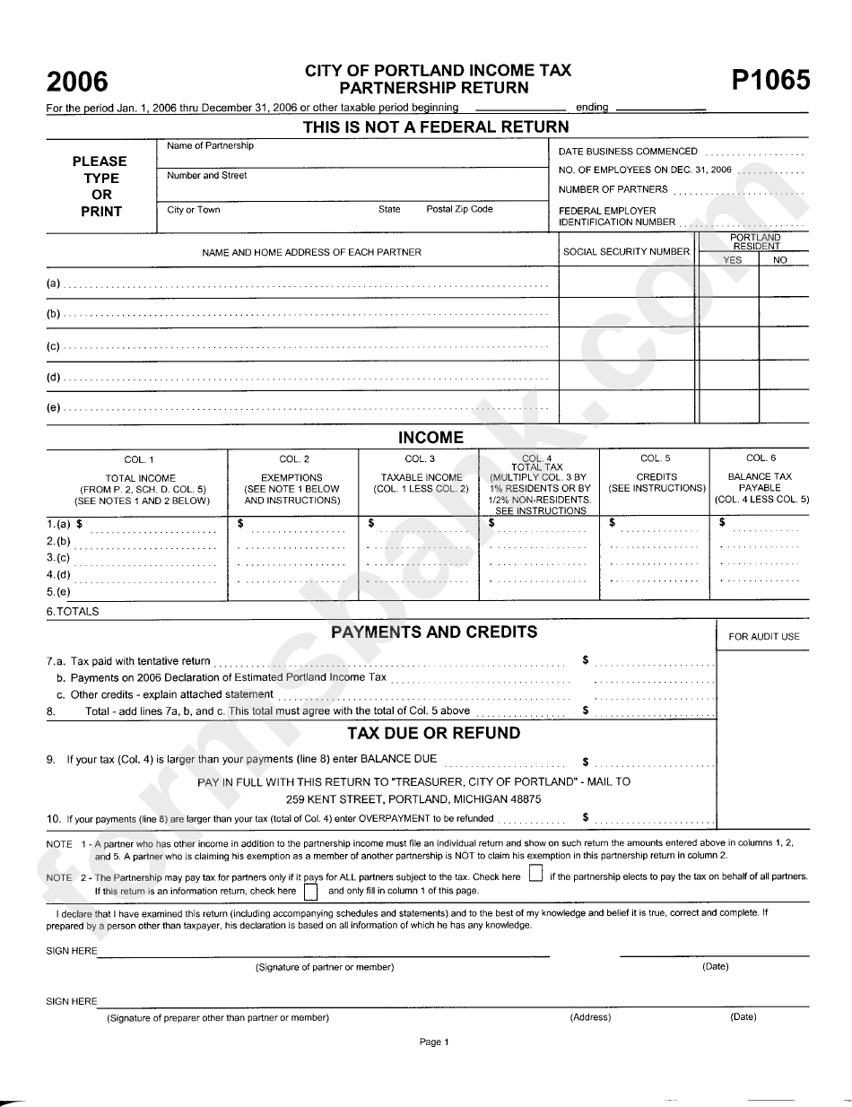 Form P1065 - Income Partnership Tax Return - 2006 printable pdf download