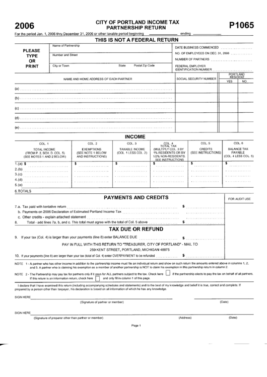 Form P1065 - Income Partnership Tax Return - 2006 printable pdf download