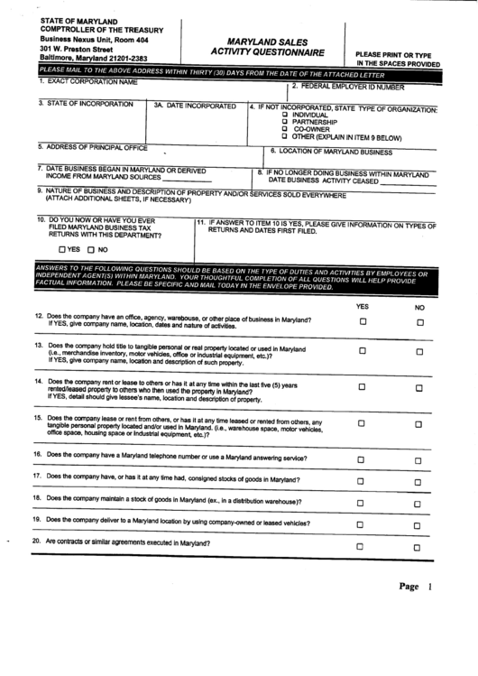 Maryland Sales Activity Questionnaire Form printable pdf download