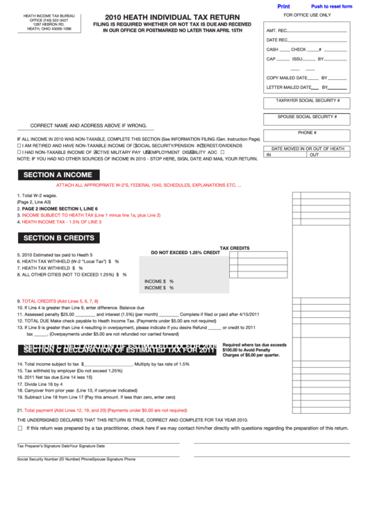 Fillable Heath Individual Tax Return Form - Heath Income Tax Bureau ...