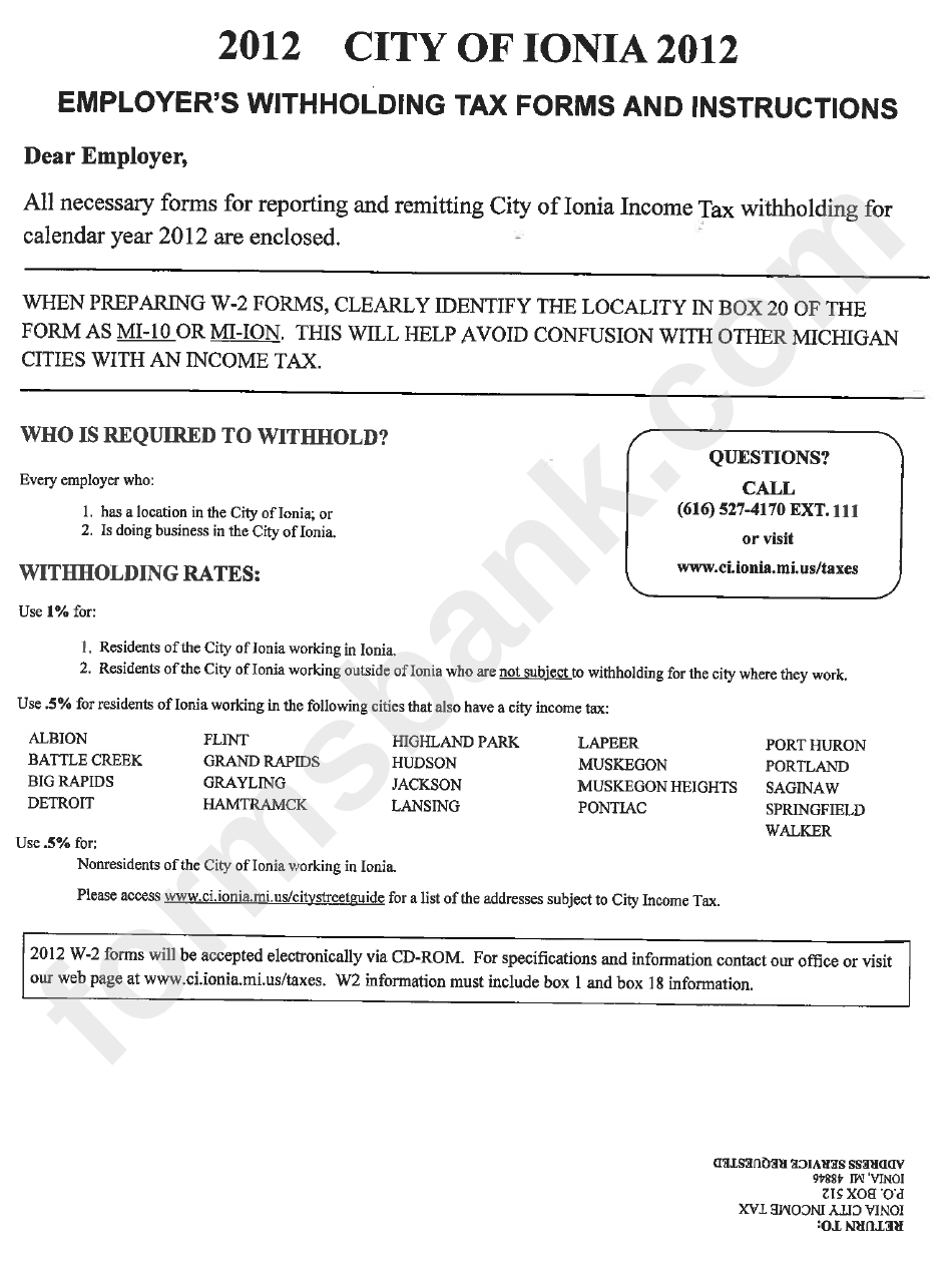 Employer'S Withholding Income Tax Forms And Instructions - 2012 ...