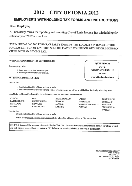 Employer'S Withholding Income Tax Forms And Instructions - 2012 ...