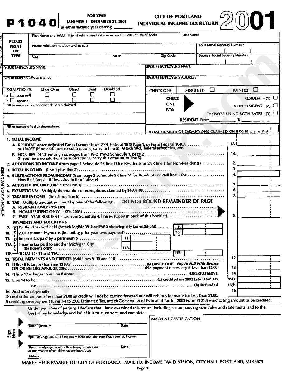 Form P1040 - Individual Income Tax Return - 2001 printable pdf download