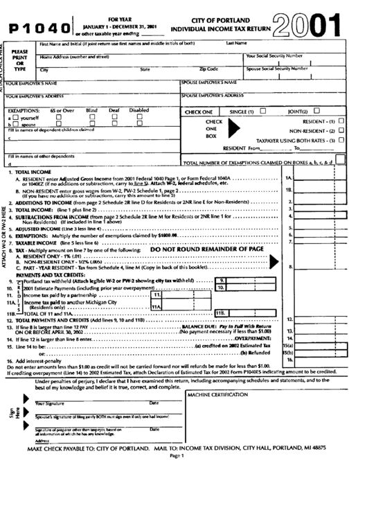 Form P1040 - Individual Income Tax Return - 2001 printable pdf download
