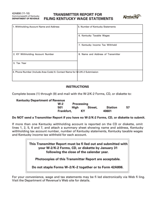 Form 42a806 - Transmitter Report For Filing Kentucky Wage Statements ...