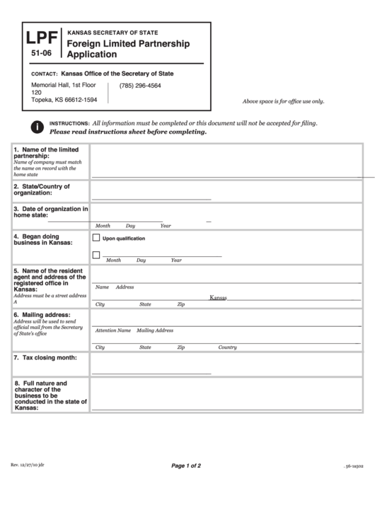 Form Lpf 51-06 - Foreign Limited Partnership Application - 2010 ...