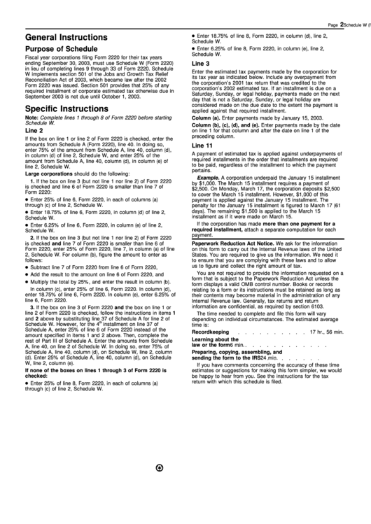 Instructions For Schedule W (Form 2220) - Underpayment Of Estimated Tax ...