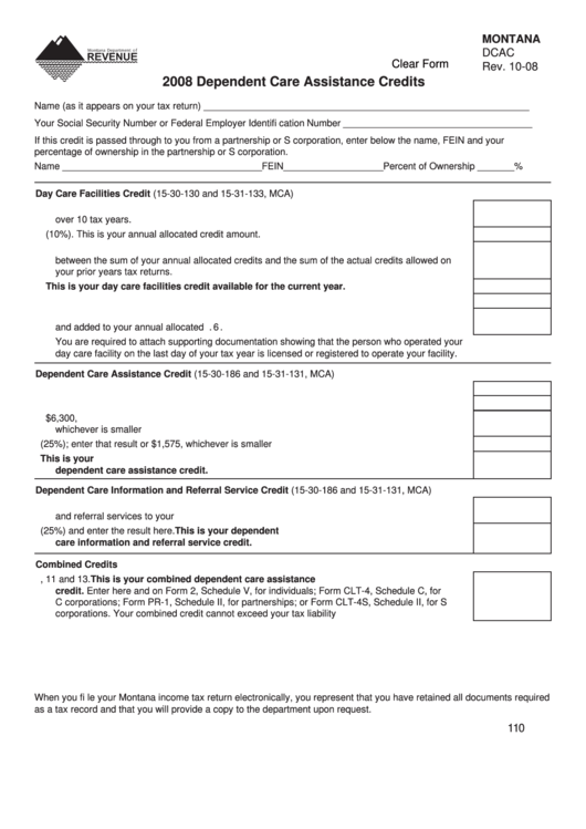Fillable Form Dcac - Dependent Care Assistance Credits - 2008 printable pdf download