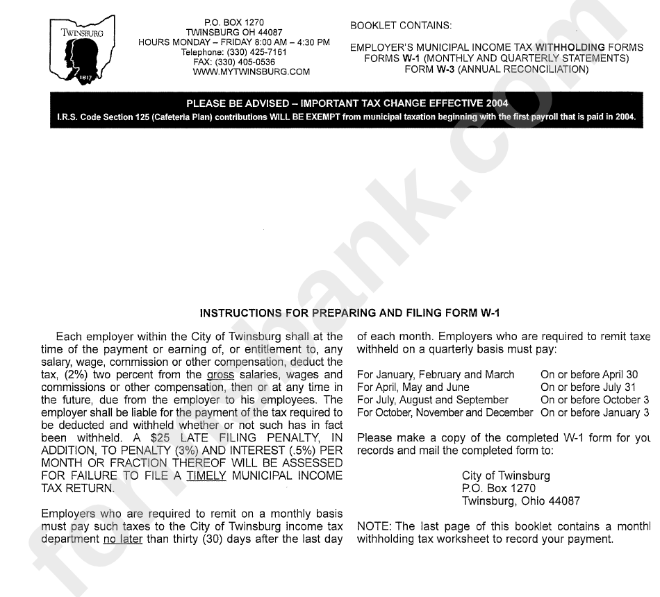 Instructions For Preparing And Filing Form W-1 printable pdf download