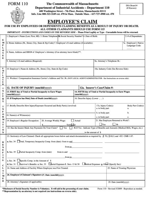 Fillable Form 110 - Employee'S Claim - Department Of Industrial ...