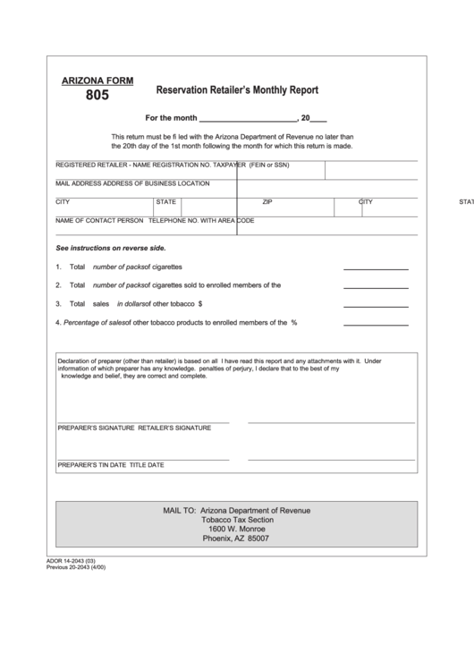 Fillable Form 805 - Arizona Department Of Revenue Tobacco Tax Section ...