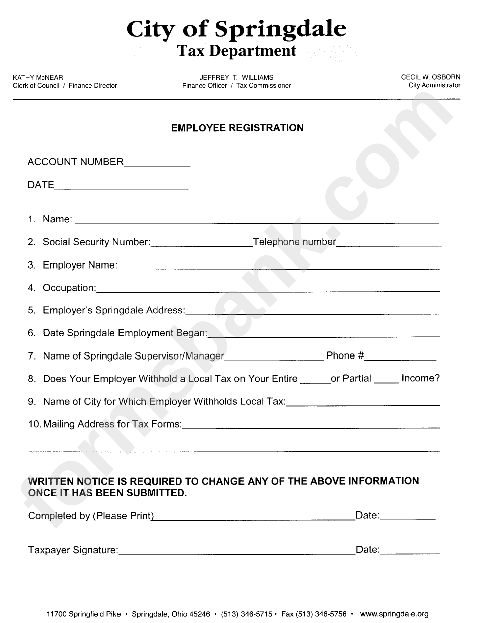 Employee Registration Form - City Of Springdale printable pdf download