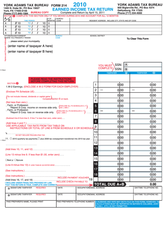 Fillable Form 214 - Earned Income Tax Return - 2010 printable pdf download