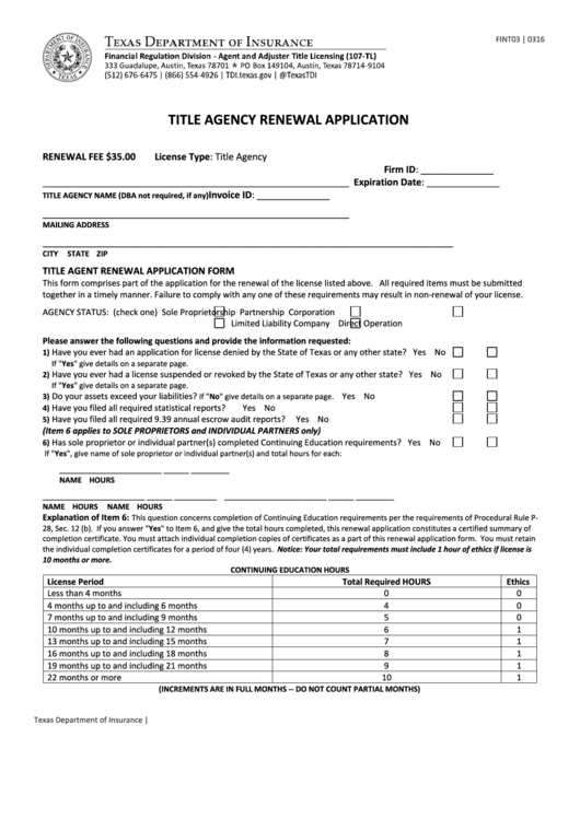 Fillable Form Fint03 - Title Agency Renewal Application printable pdf ...