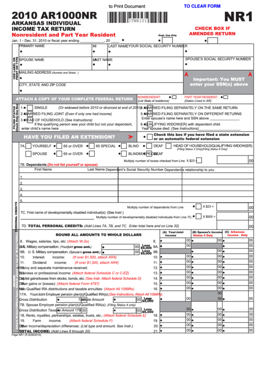 Fillable Form Ar1000nr - Arkansas Individual Income Tax Return- 2010 ...