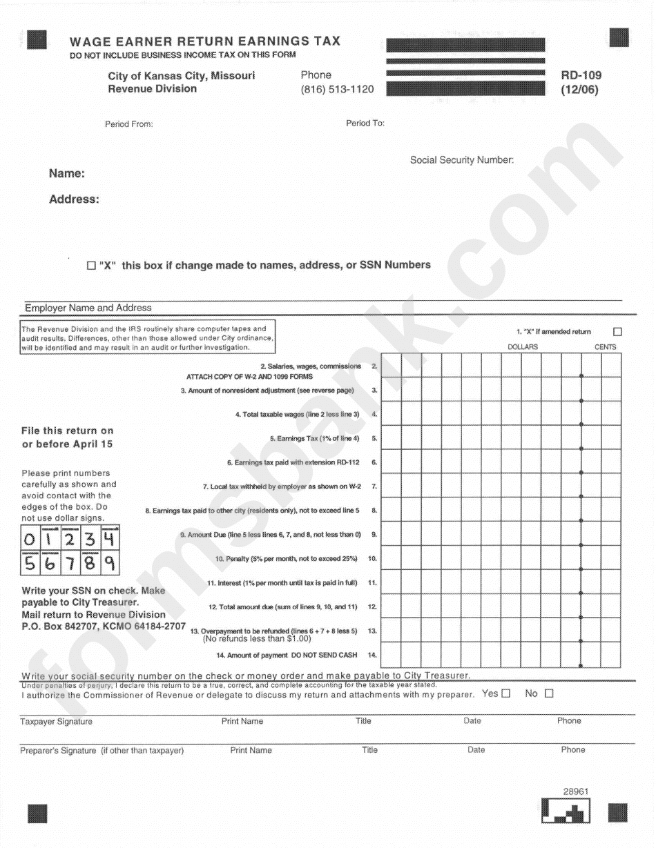 Wage Earner Return Earnings Tax printable pdf download