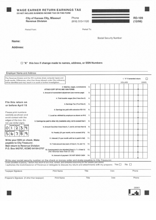 Wage Earner Return Earnings Tax printable pdf download