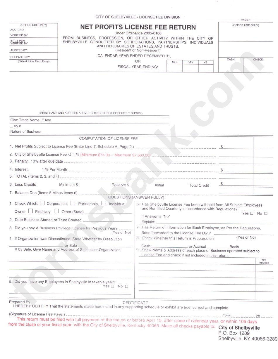 Net Profits License Fee Return Form printable pdf download