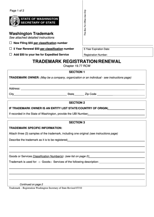 Fillable Trademark Registration/renewal - Washington Trademark - 2010 ...